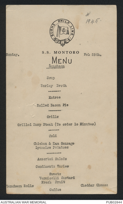 [Menu] S.S Montoro Menu Luncheon | Australian War Memorial