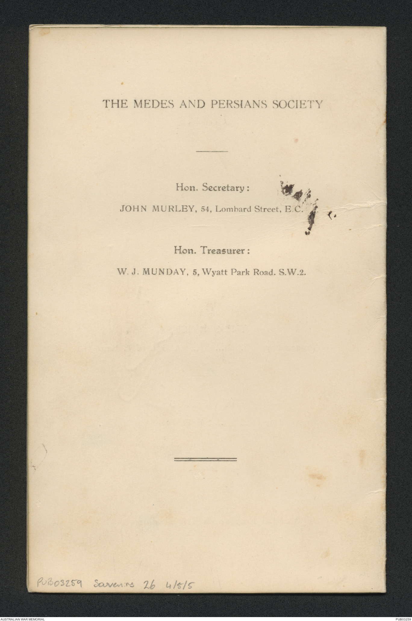 [Menu] The Medes and Persians Society 'Victory' Dinner menu, 3 July ...