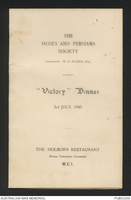[Menu] The Medes and Persians Society 'Victory' Dinner menu, 3 July ...