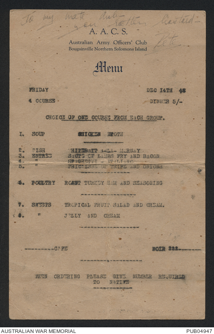 [Menu] A.A.C.S. Australian Army Officers' Club, Bougainville Northern ...