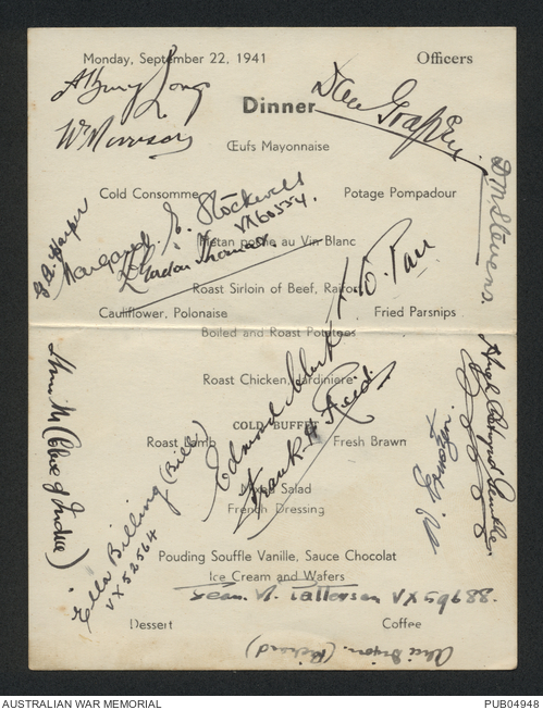 [Menu] [Officers Dinner Menu] | Australian War Memorial