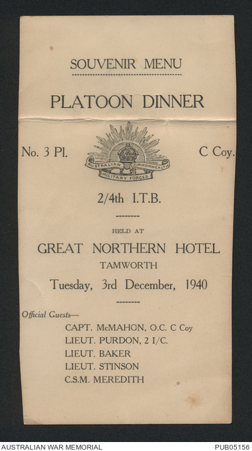 [Menu] 2/4th Infantry Training Battalion Dinner Menu | Australian War ...