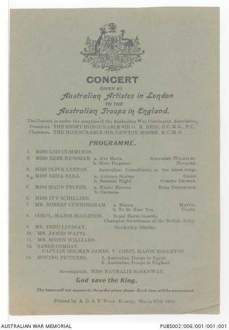 Item 1: Concert given by Australian artistes in London to the ...