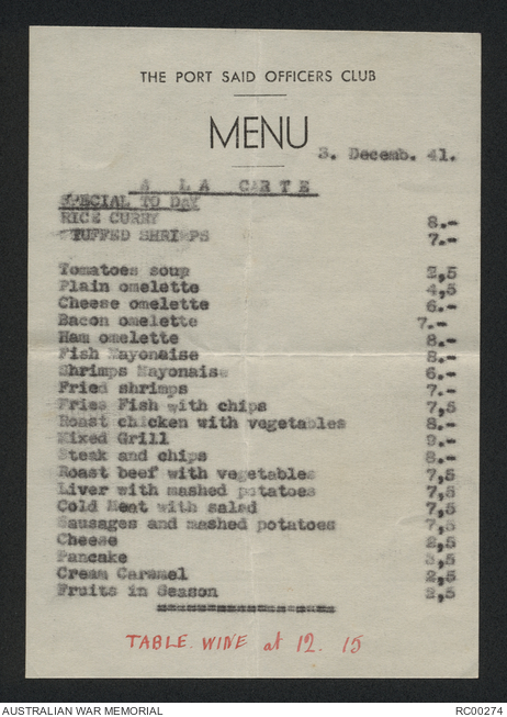[Menu] The Port Said Officers Club Menu 3 December 1941 | Australian ...
