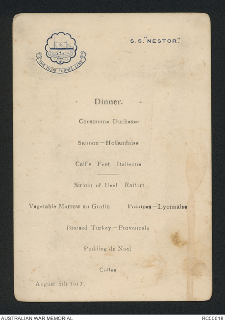 [Menu] S.S. Nestor Dinner Menu August 5th 1917 | Australian War Memorial