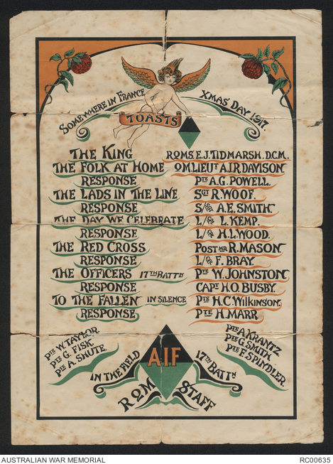 [Menu] Toast list, Regimental Quatermaster Staff, 17th Battalion AIF ...