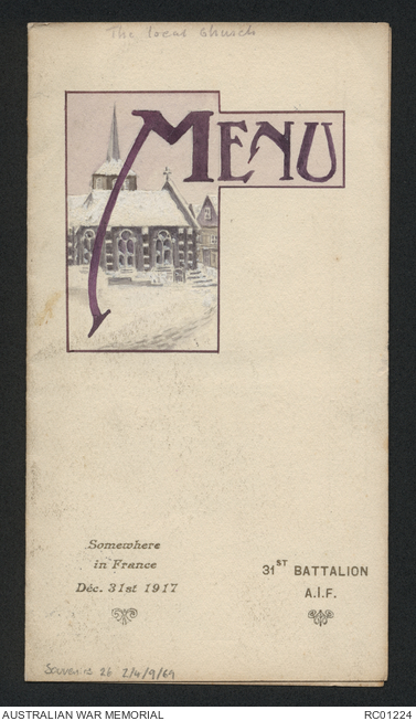[Menu] 31st Battalion Somewhere in France Dec 31st 1917 | Australian ...