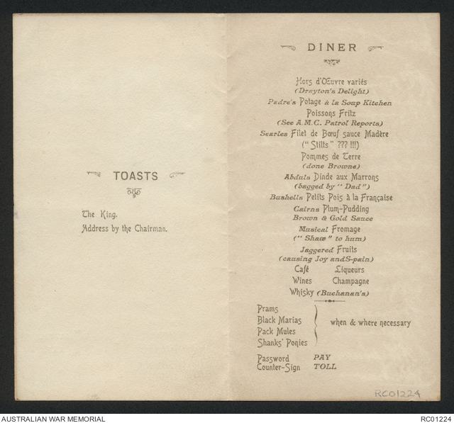 [Menu] 31st Battalion Somewhere in France Dec 31st 1917 | Australian ...