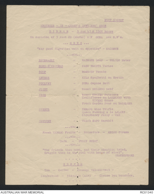 [Menu] 'Engineer - in - Chief's Officer's Mess Dinner' | Australian War ...