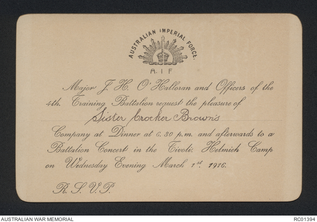 [Menu] Australian Imperial Force dinner invitation | Australian War ...