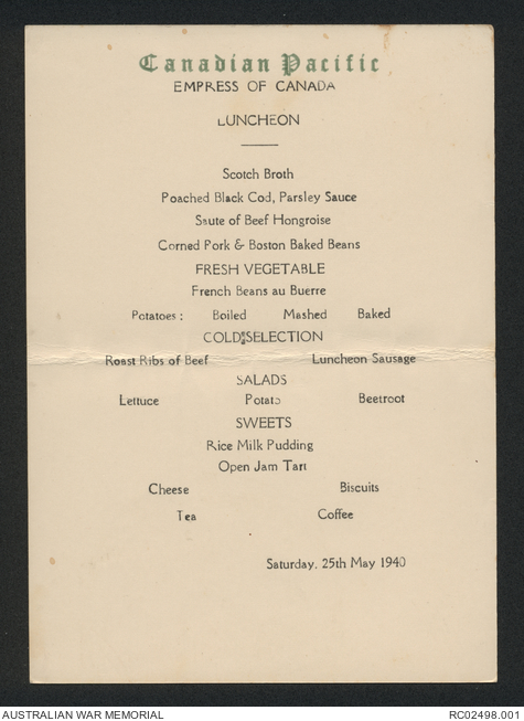 [Menu] Canadian Pacific: Empress of Canada: Luncheon | Australian War ...