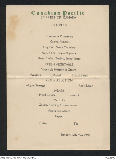 [Menu] Canadian Pacific: Empress of Canada: Dinner. | Australian War ...