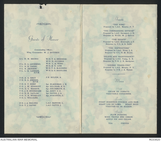 [Menu] Graduation Dinner 54 Course WAGS | Australian War Memorial