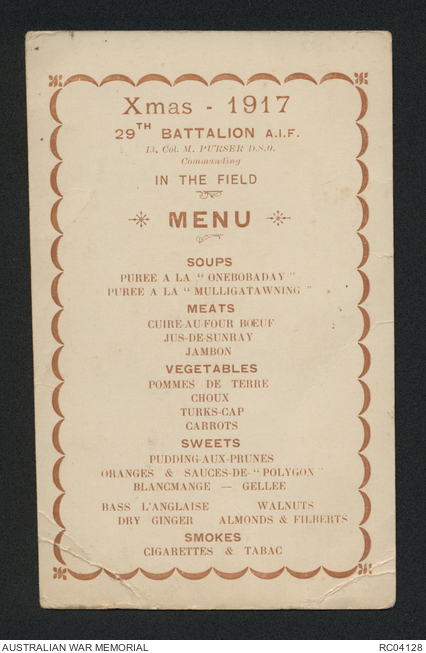 [Menu] Xmas 1917 29th Battalion AIF Menu | Australian War Memorial