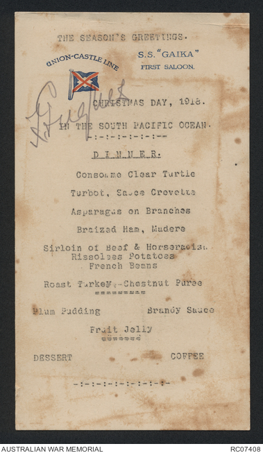 [Menu] SS Gaika Christmas Day 1918 menu | Australian War Memorial
