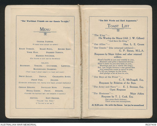 [Menu] Welcome Home to Returned Soldiers menu | Australian War Memorial