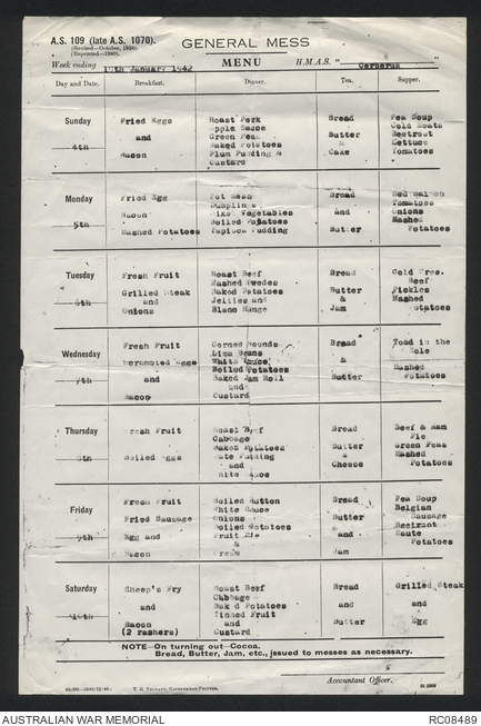 [Menu] General Mess Menu, HMAS Cerberus | Australian War Memorial