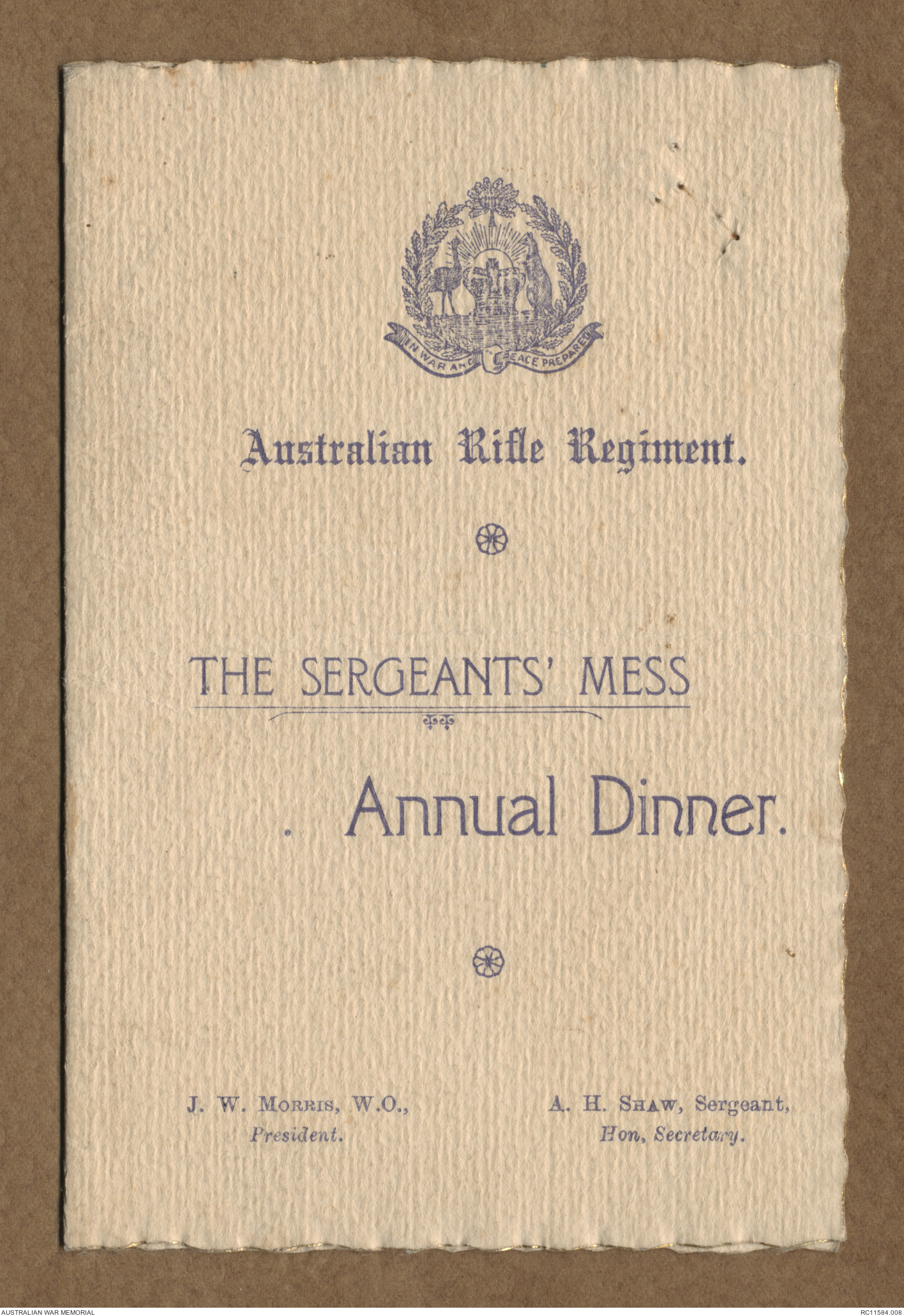 [Menu] Australian Rifle Regiment. The Sergeants’ Mess Annual Dinner ...