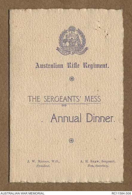[Menu] Australian Rifle Regiment. The Sergeants’ Mess Annual Dinner ...