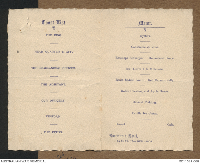 [Menu] Australian Rifle Regiment. The Sergeants’ Mess Annual Dinner ...