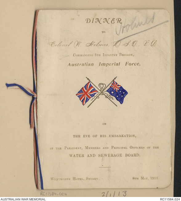 [Menu] Dinner to Colonel W. Holmes Commanding 5th Infantry Brigade ...