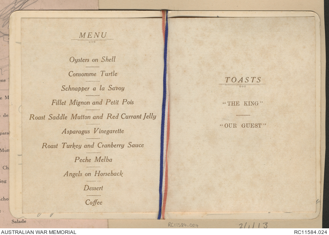 [Menu] Dinner to Colonel W. Holmes Commanding 5th Infantry Brigade ...