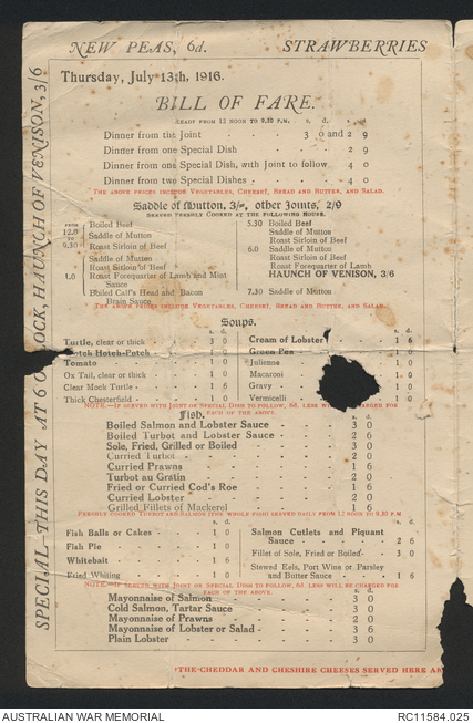 [Menu] Bill of Fare for Simpson’s Grand Divan Tavern | Australian War ...