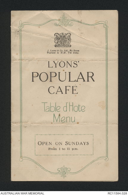 [Menu] Lyons’ Popular Café, Table d’Hote, Menu | Australian War Memorial