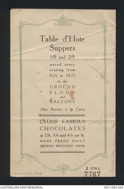 [Menu] Lyons’ Popular Café, Table d’Hote, Menu | Australian War Memorial
