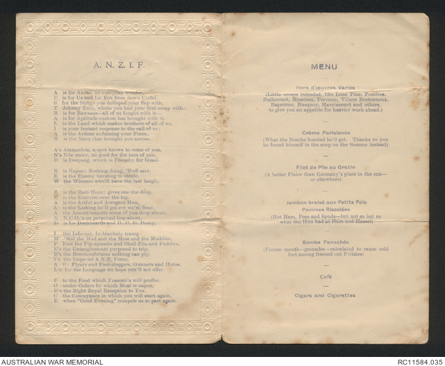 [Menu] Restaurant Frascati | Australian War Memorial