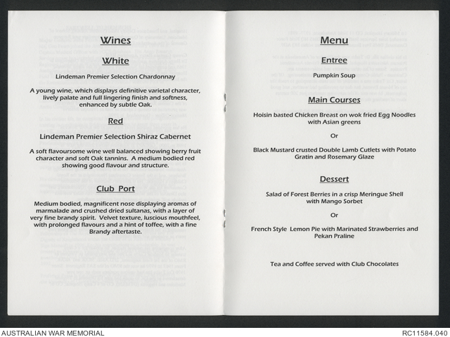 [Menu] Defence Health Services, Queensland Consultants’ Dinner ...