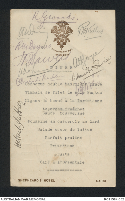 [Menu] Shepheard’s Hotel, Cairo | Australian War Memorial