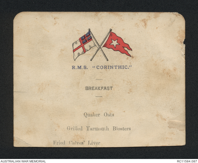 [Menu] R.M.S. Corinthic Breakfast menu | Australian War Memorial