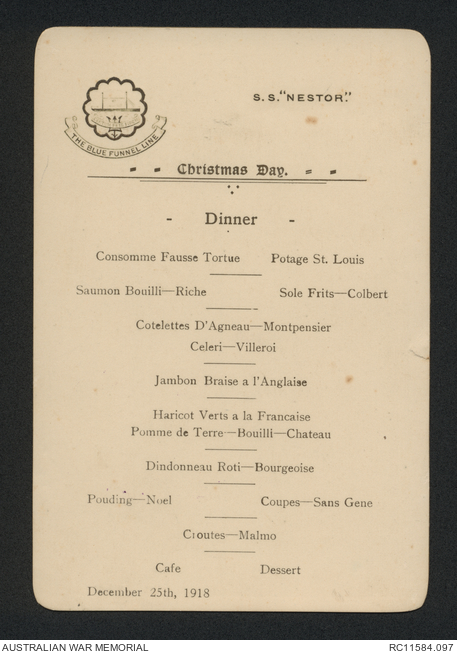 [Menu] S.S. Nestor. Christmas Day Dinner Menu | Australian War Memorial