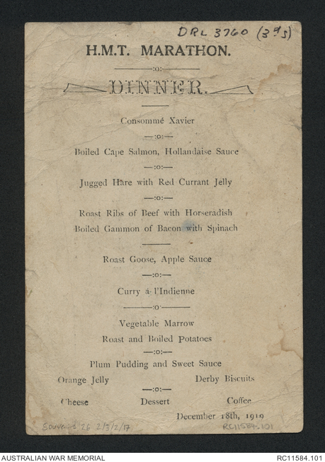 [Menu] H.M.T. Marathon. Dinner menu | Australian War Memorial