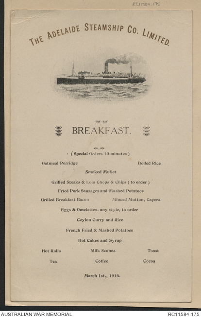 [Menu] H.M.T. Wandilla. Breakfast menu | Australian War Memorial