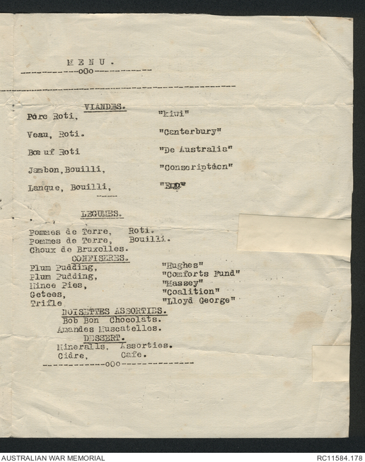 [Menu] Anzac Dinner Menu | Australian War Memorial