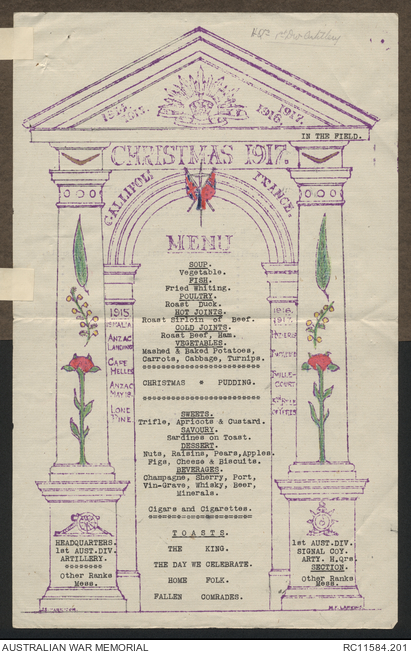 [Menu] Headquarters 1st Aust. Div. Artillery & 1st Aust. Div. Signal ...