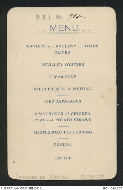[Menu] 1st Field Artillery Brigade, A.I.E.F. Officers’ Mess. Dinner ...