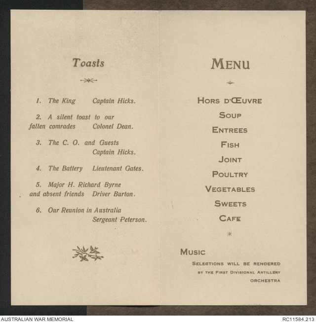 [Menu] 2nd Battery, Australian Field Artillery, Christmas Dinner 1918 ...