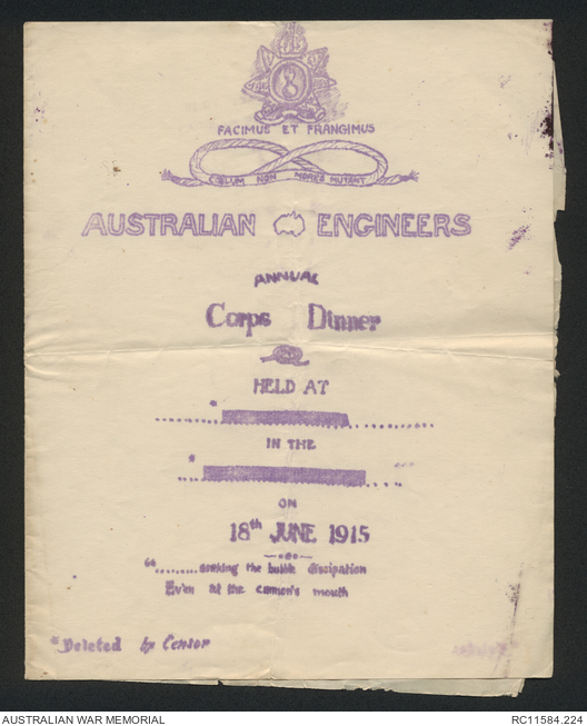 [Menu] from Australian Engineers Annual Corps dinner held on 18 June ...
