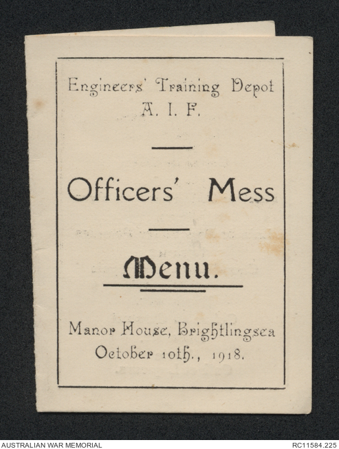 [Menu] Engineers’ Training Depot A.I.F., Officer’s Mess | Australian ...