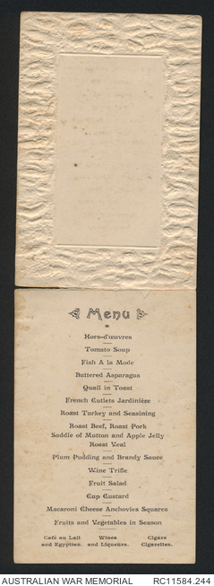 [Menu] 10th Light Horse Regiment, Palestine Dinner | Australian War ...