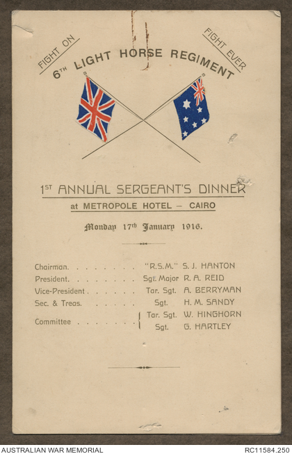 [Menu] 6th Light Horse Regiment, 1st annual Sergeant’s Dinner ...