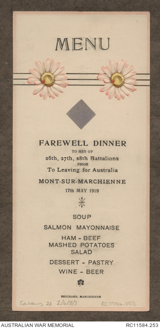 [Menu] Farewell dinner to the men of 26th, 27th, 28th Battalions prior ...