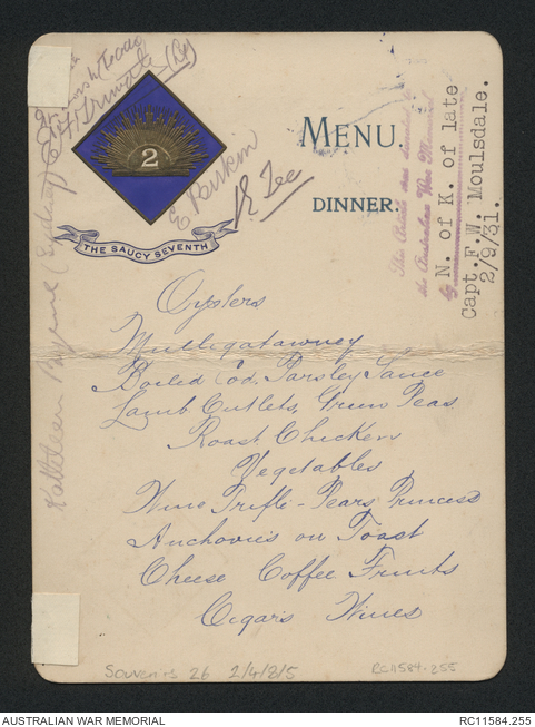 [Menu] and music programme, 7th Infantry Brigade | Australian War Memorial