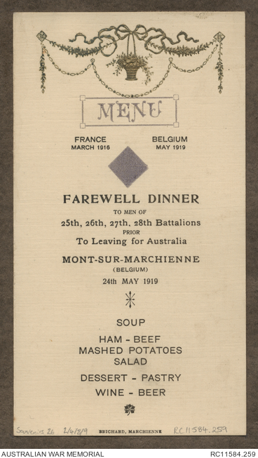 [Menu] Farewell dinner to men of 25th, 26th, 27th, 28th Battalions ...