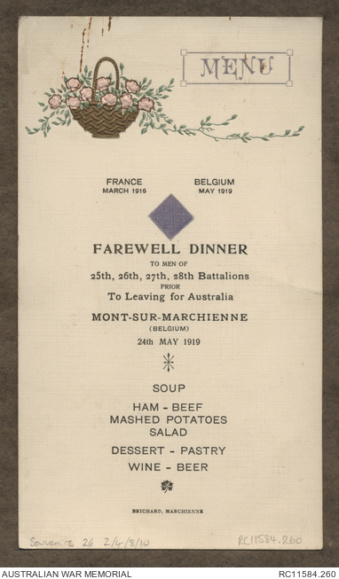 [Menu] Farewell dinner to men of 25th, 26th, 27th, 28th Battalions ...