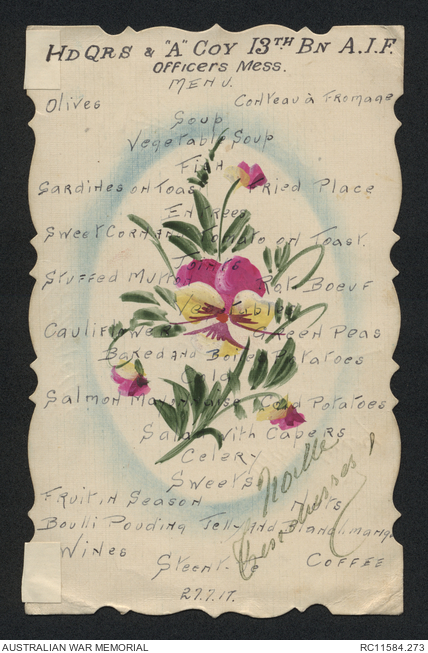 [Menu] Headquarters & “A” company, 13th Battalion A.I.F. Officers Mess ...