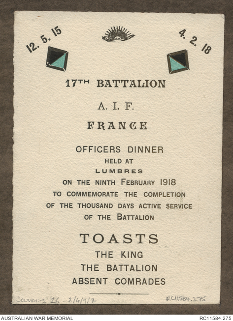 [Menu] Toast lists for 17th Battalion A.I.F. France. | Australian War ...